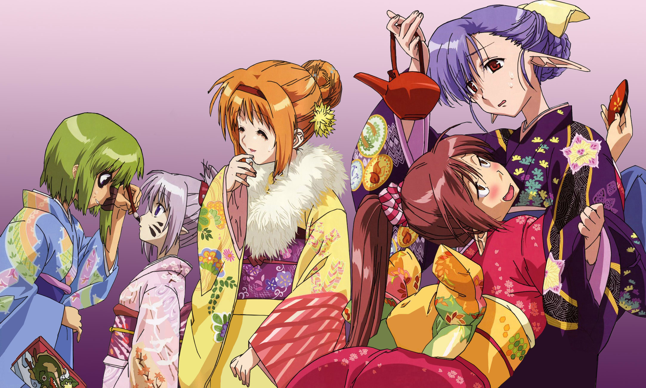 shigure asa, fuyou kaede, nerine, primula, and lisianthus (shuffle! and 1 more) drawn by hosoda ...